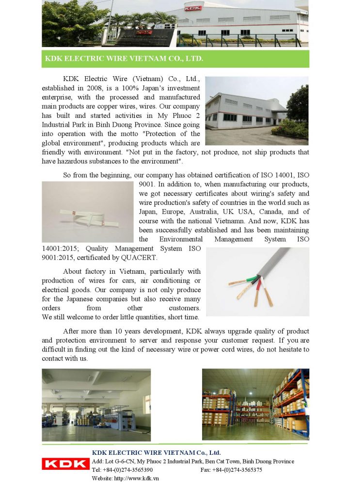 KDK Electric Wire (Vietnam) Co., Ltd has also fully requirements as ...